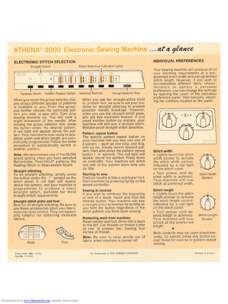Singer Athena 2000 Quick Guide Sewing Machine Instruction Manual | PDF