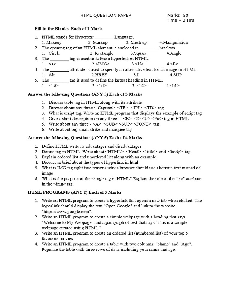 HTML Question Paper | PDF | Html Element | Html