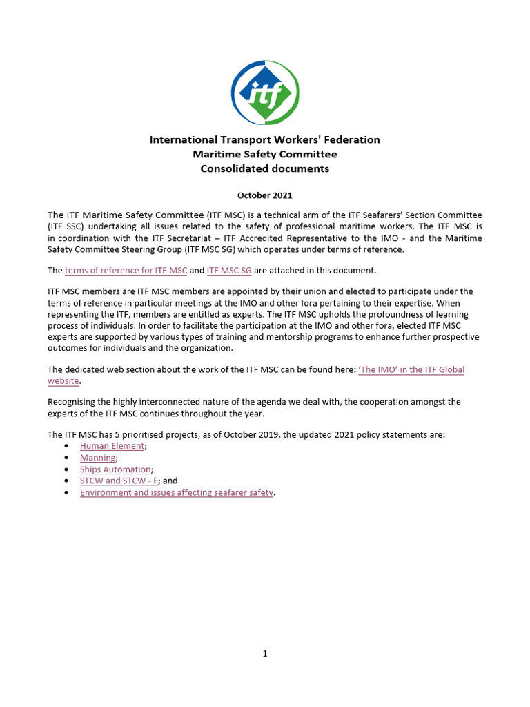 2021 ITF Maritime Safety Committee Consolidated Documents | PDF | Business