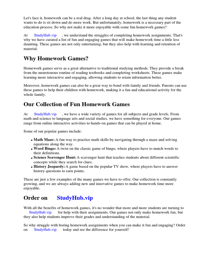 Fun Homework Games | PDF | Homework | Worksheet