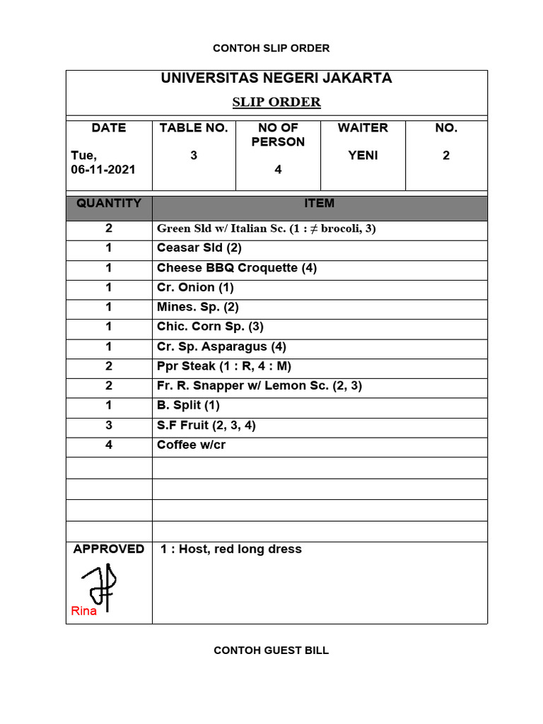 Contoh Slip Order Dan Guest Bill Yeni New | PDF | Cuisine | Foods
