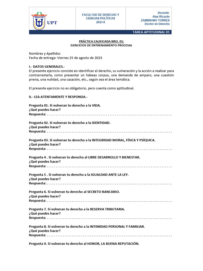 PRÁCTICA CALIFICADA NRO. 01 EJERCICIOS DE ENTRENAMIENTO PROCESAL | PDF | Justicia | Crimen y ...