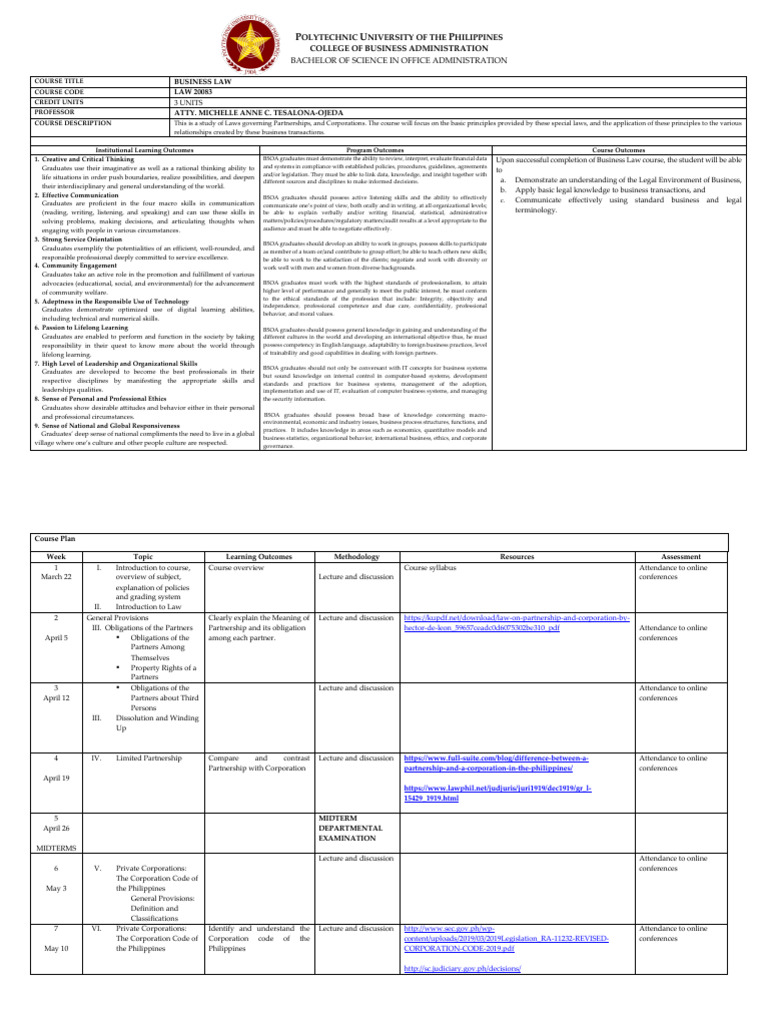 Bsoa Buss Law 2024 Syllabus | PDF | Thought | Knowledge