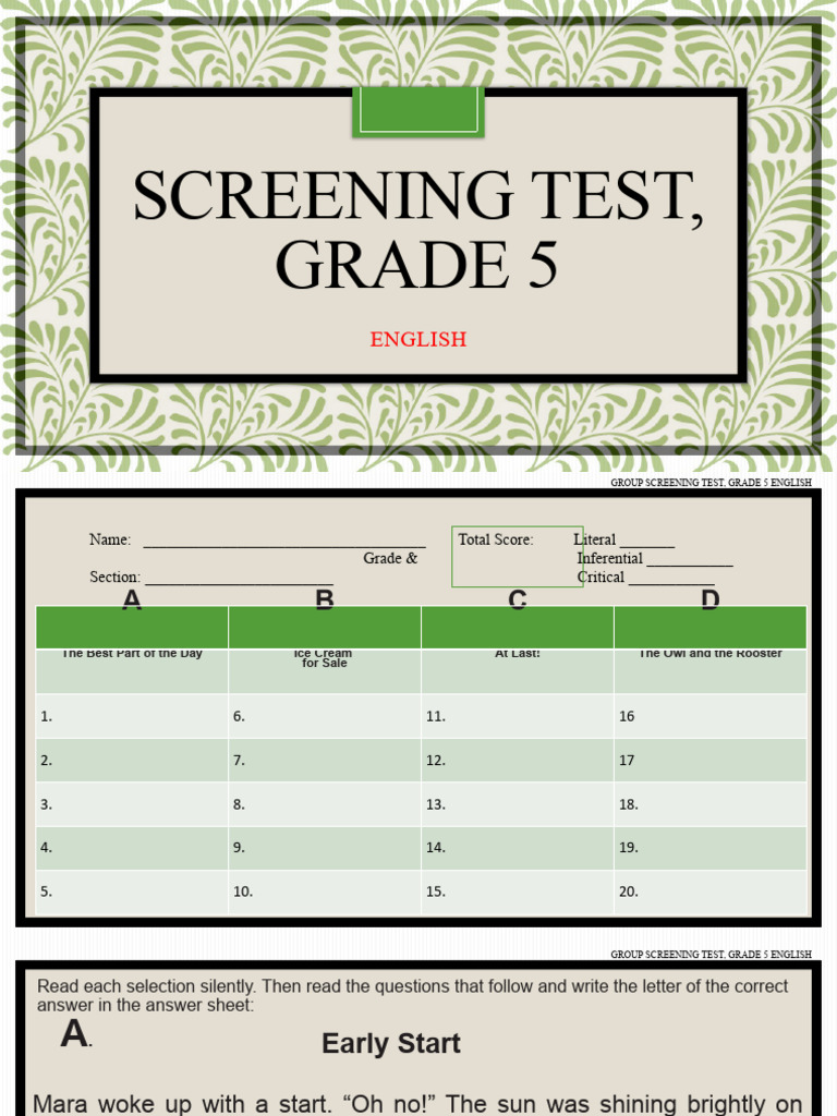 Grade 5 English Screening Test | PDF