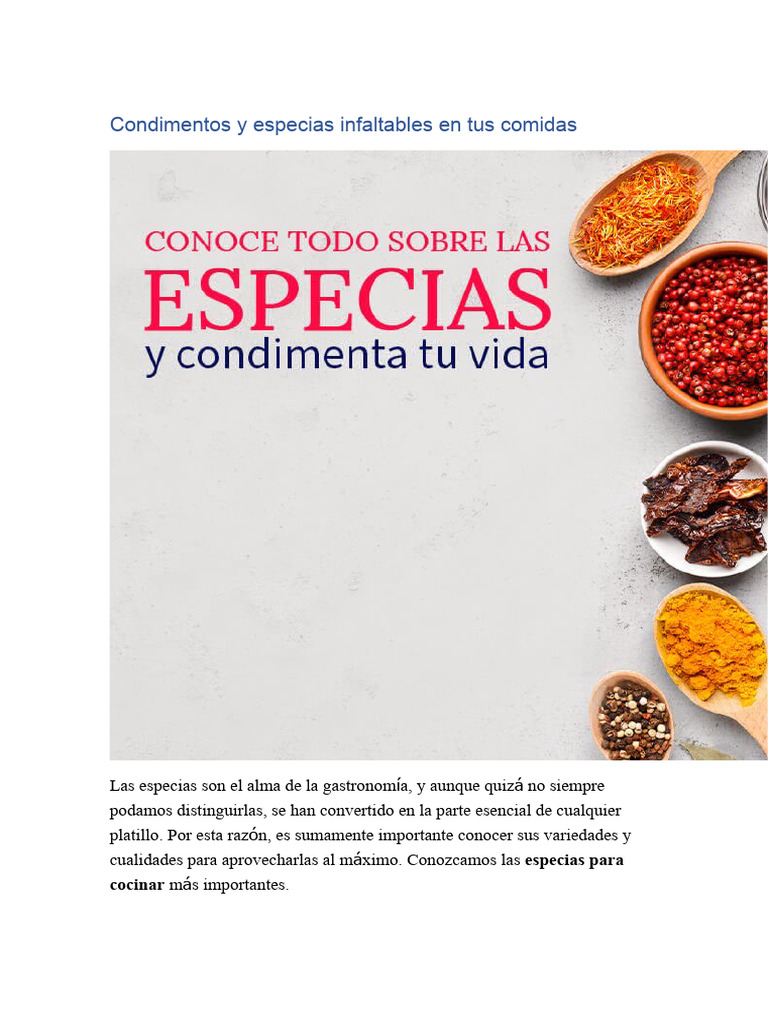 Condimentos y Especias Infaltables en Tus Comidas | PDF | especia | Cocinando