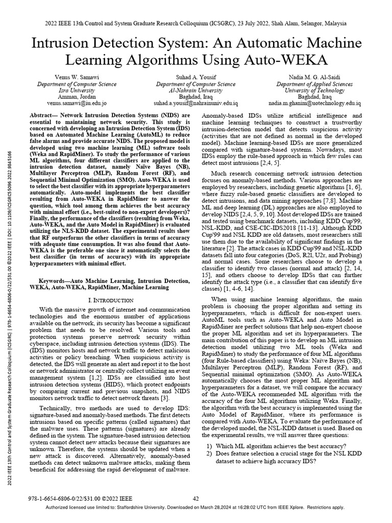 Intrusion Detection System An Automatic Machine Learning Algorithms Using Auto - WEKA | Download ...