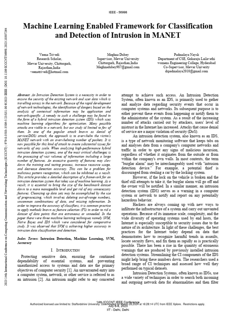 Machine Learning Enabled Framework For Classification and Detection of ... Machine Learning Enabled Framework For Classification and Detection of ...