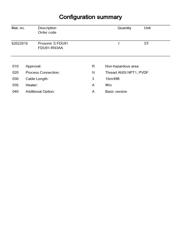 Prosonic S FDU91 Configuration Summary | PDF
