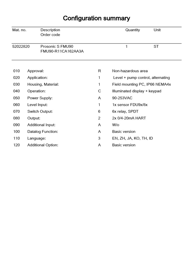 02.configuration Summary For Fmu90 | PDF