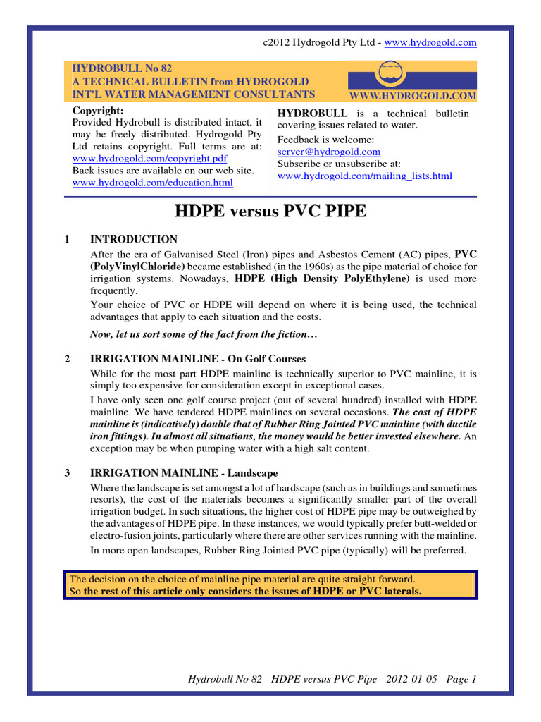 hb0082 20120105 Hdpe Vs PVC Pipe | PDF | Pipe (Fluid Conveyance) | Polyvinyl Chloride