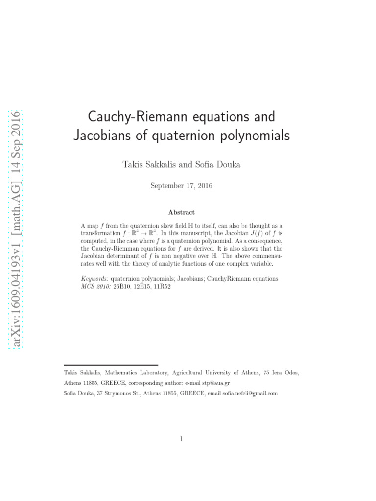 Cauchy-Riemann Equations and Jacobians of Quaternion Polynomials | PDF | Polynomial | Complex Number