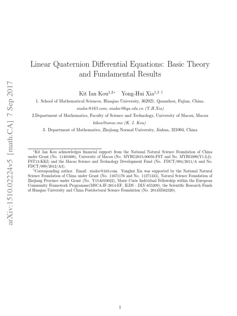 Linear Quaternion Differential Equations: Basic Theory and Fundamental Results | PDF | Ordinary ...