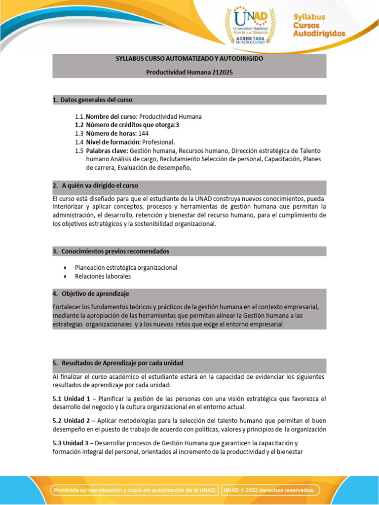 Syllabus de curso - Productividad humana 2 | PDF | Gestión de recursos ...