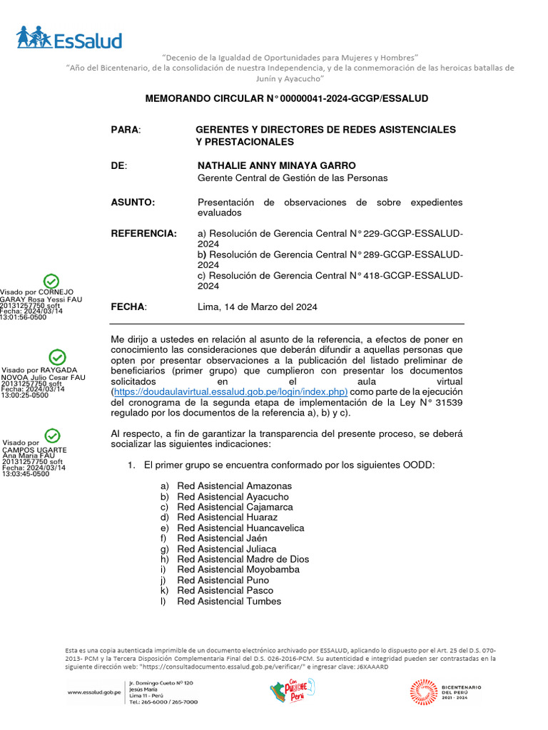 Memo Circular N 00000041 2024 GCGP Essalud | PDF