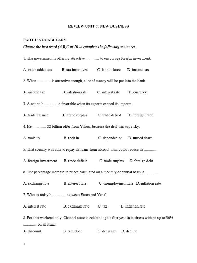 Unit 7 Review: New Business Language | PDF | Balance Of Trade | Advertising