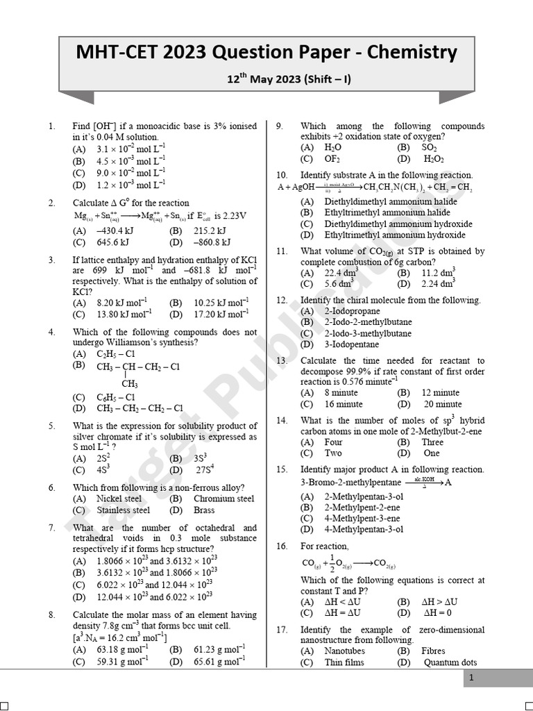 MHT-CET 2023 Question Paper - Chemistry - 6474962a15ab0 | PDF | Mole (Unit) | Chemical Reactions