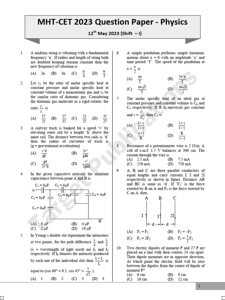 MHT-CET 2023 Question Paper - Physics - 64ad2412f2e0c | PDF | Gases ...
