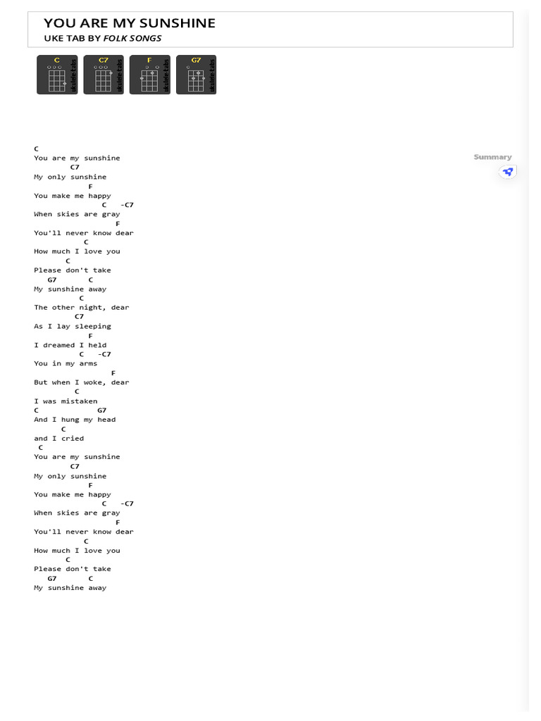 You Are My Sunshine Uke Tab by Folk Songs - Ukulele Tabs | PDF