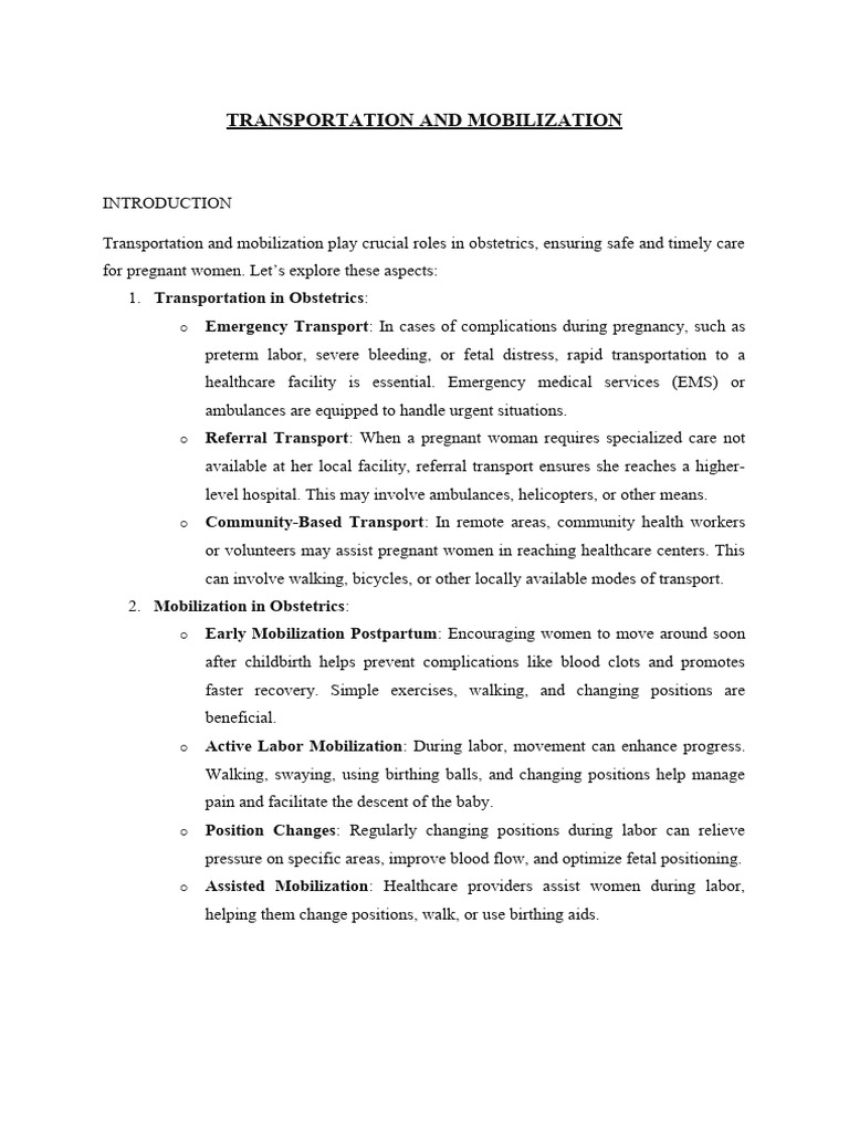 Transportation and Mobilization | PDF | Childbirth | Pregnancy