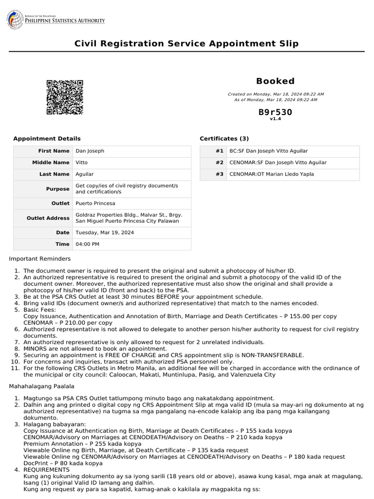 Civil Registration Service Appointment Slip | PDF