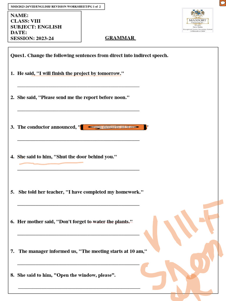 Class 8 Revision Worksheet | PDF