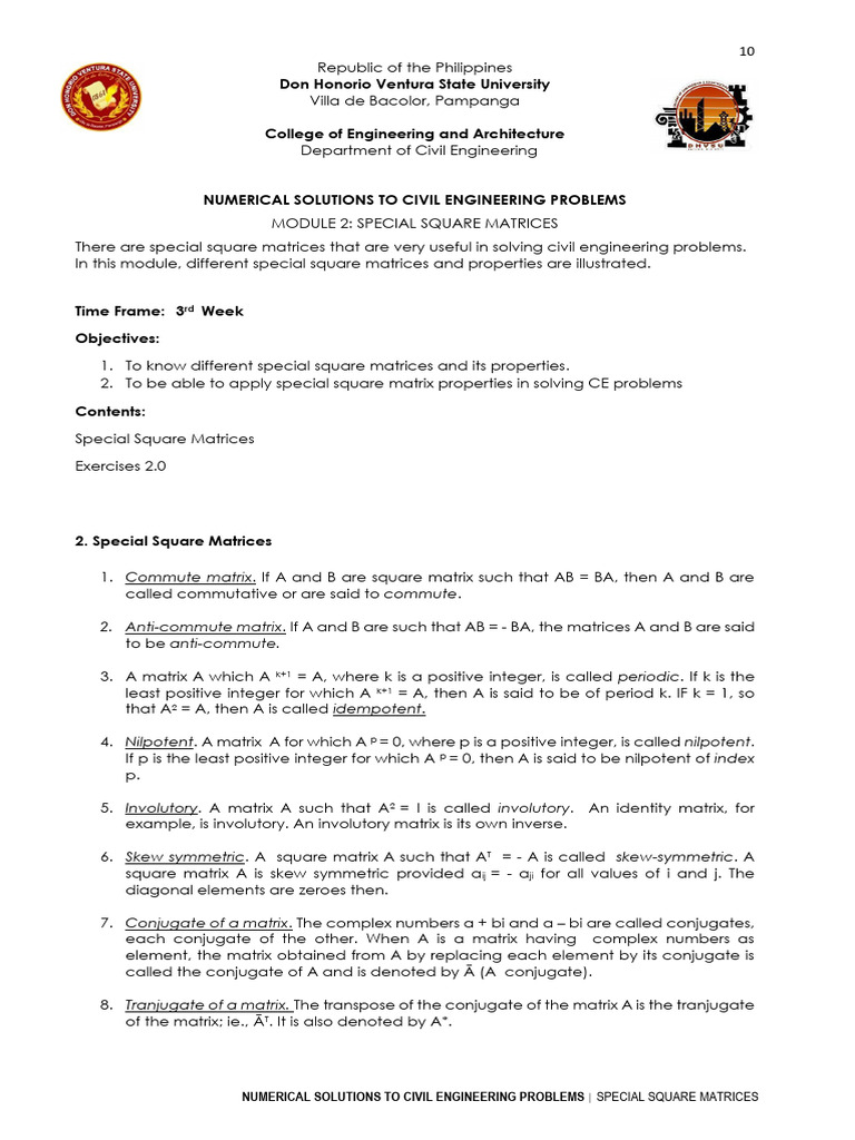 2 NUMERICALS Module 02 Special Square Matrices 1 | PDF | Matrix (Mathematics) | Mathematical Physics