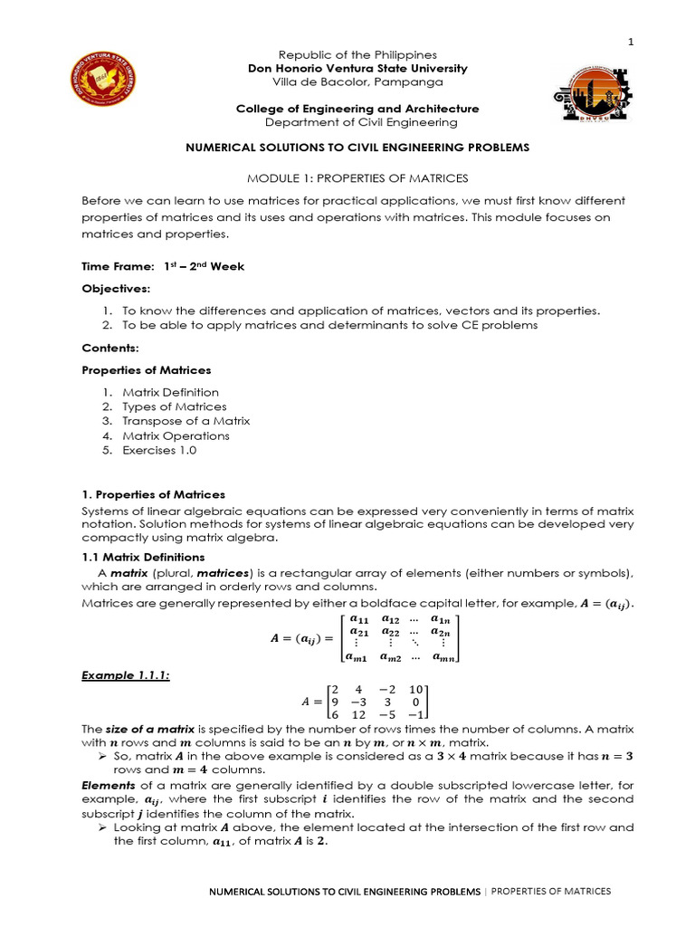 1 Numericals Module 01 Properties And Fundamental Operations On Matrices 1 Pdf Matrix