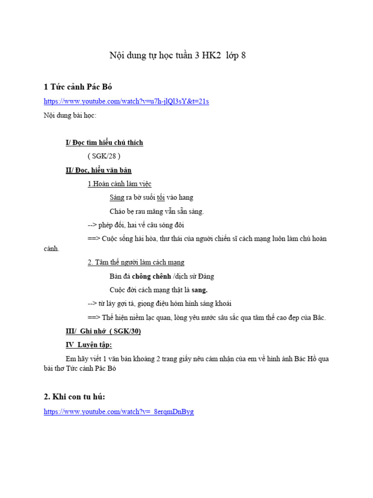 Noi Dung Tu Hoc Tuan 3 hk2 Lop 8 233202010 | PDF