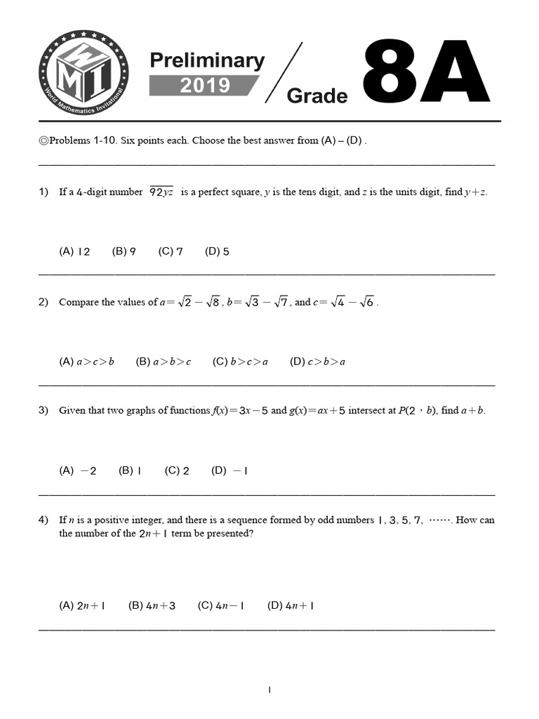 2019 WMI Prelim G08 Paper A | PDF | Algebra | Mathematical Relations