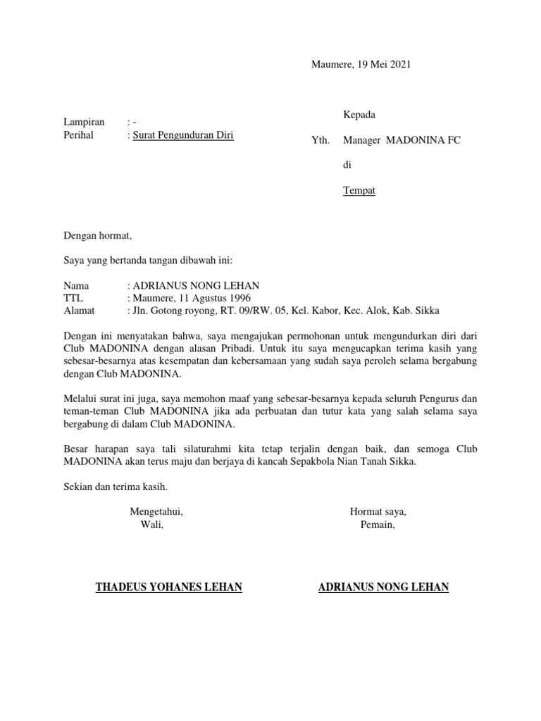 Pengunduran Diri Adrianus Nong Lehan | PDF