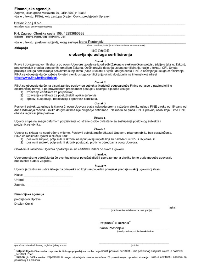 Digitalni Certifikat - Ugovor 1 | PDF
