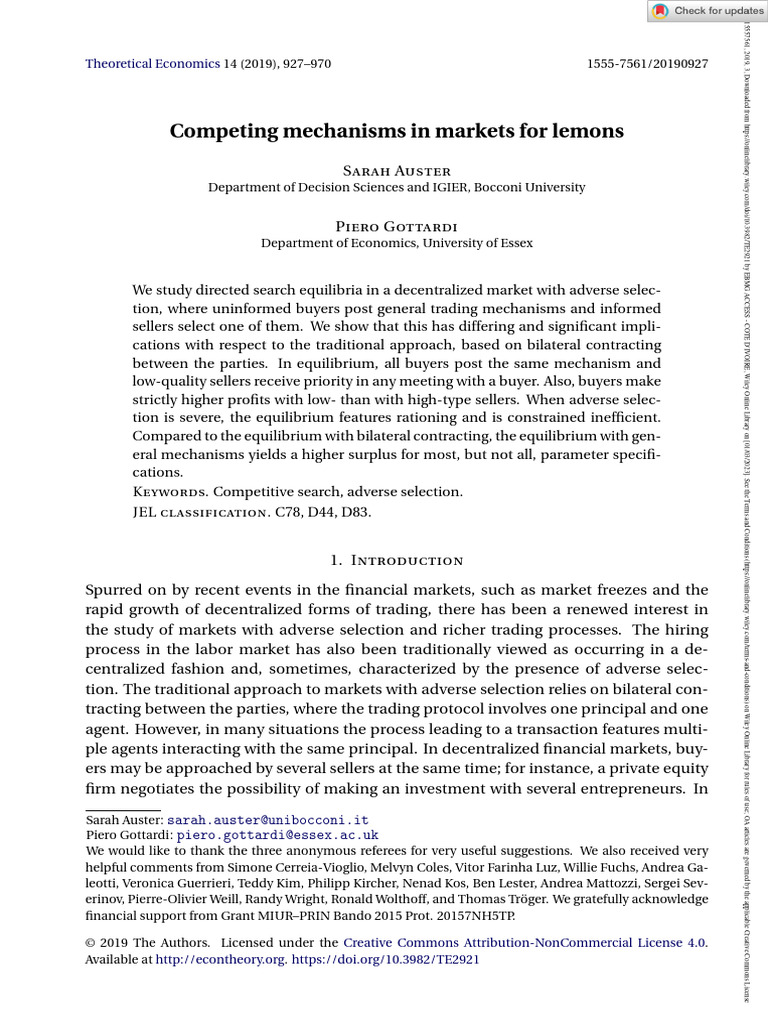 Theoretical Economics - 2019 - Auster - Competing Mechanisms in Markets ...