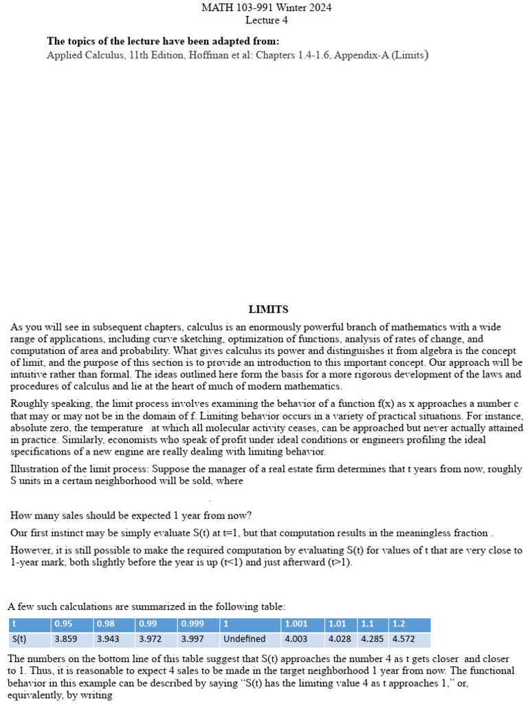 Lecture 4_MATH 103-991 | PDF | Function (Mathematics) | Limit (Mathematics)