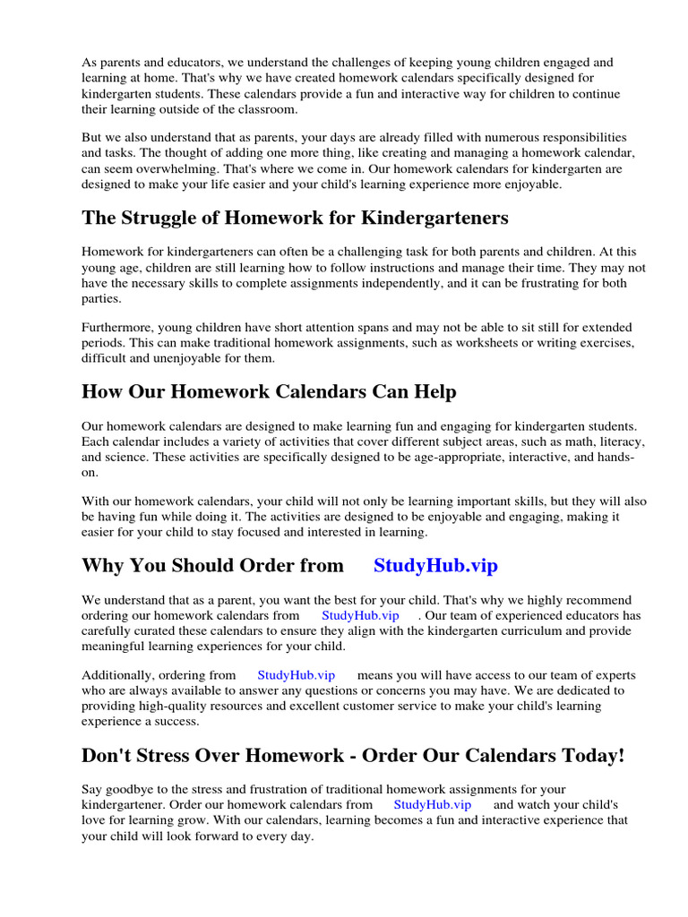 Homework Calendars For Kindergarten | PDF | Homework | Preschool