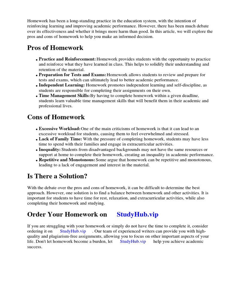 Homework Pros Vs Cons | PDF | Homework | Teachers