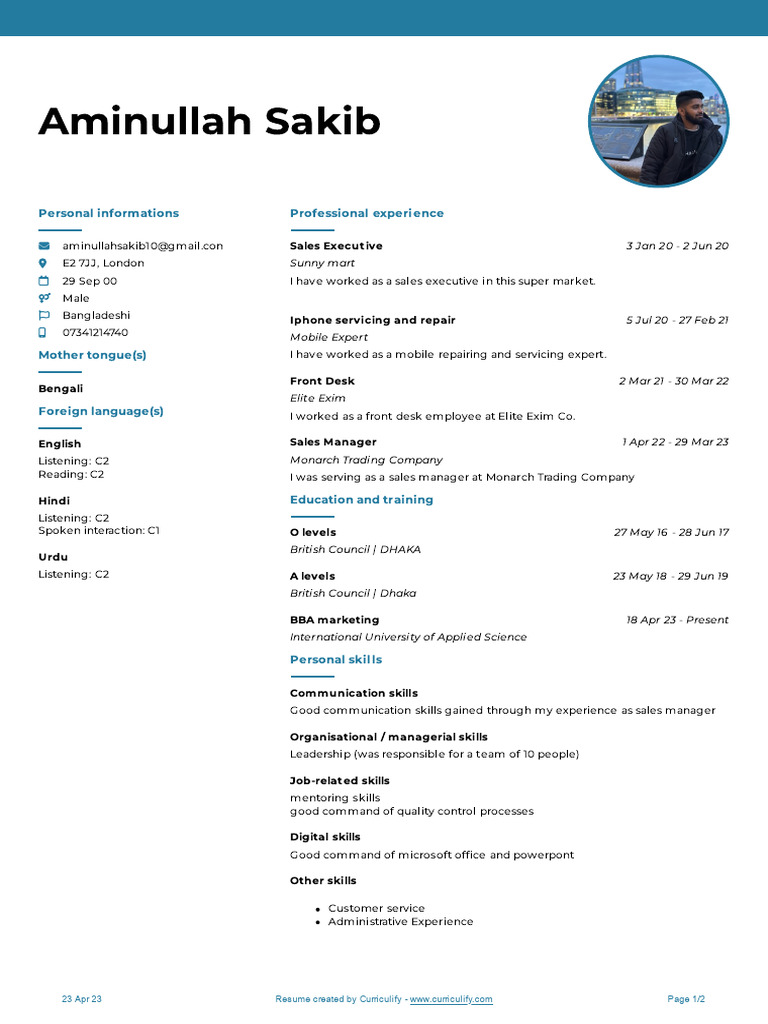 Aminullah Sakib: Personal Informations Professional Experience | PDF