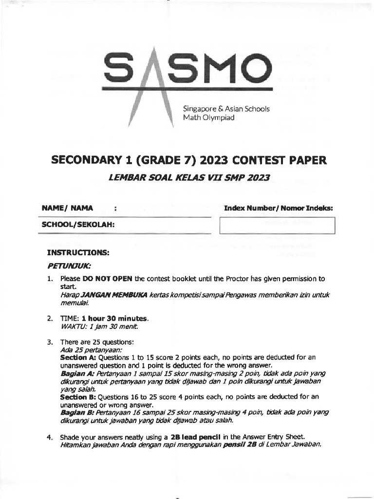 Paper Sasmo 2023 - Grade 7 | PDF | Mathematics | Arithmetic
