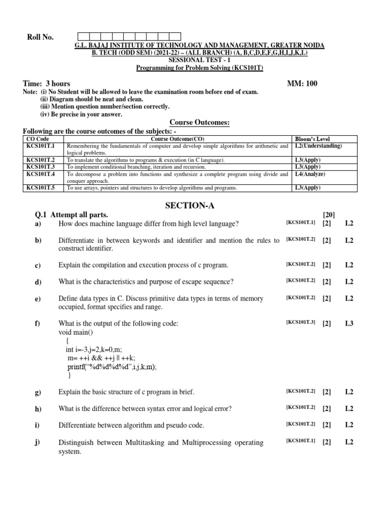 Pps ST 1 Paper 2021-22-Sem-1-Modified | PDF | Computer Program | Programming