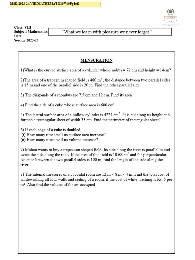 Class VIII Mathematics Mensuration Worksheet | PDF | Teaching Methods ...