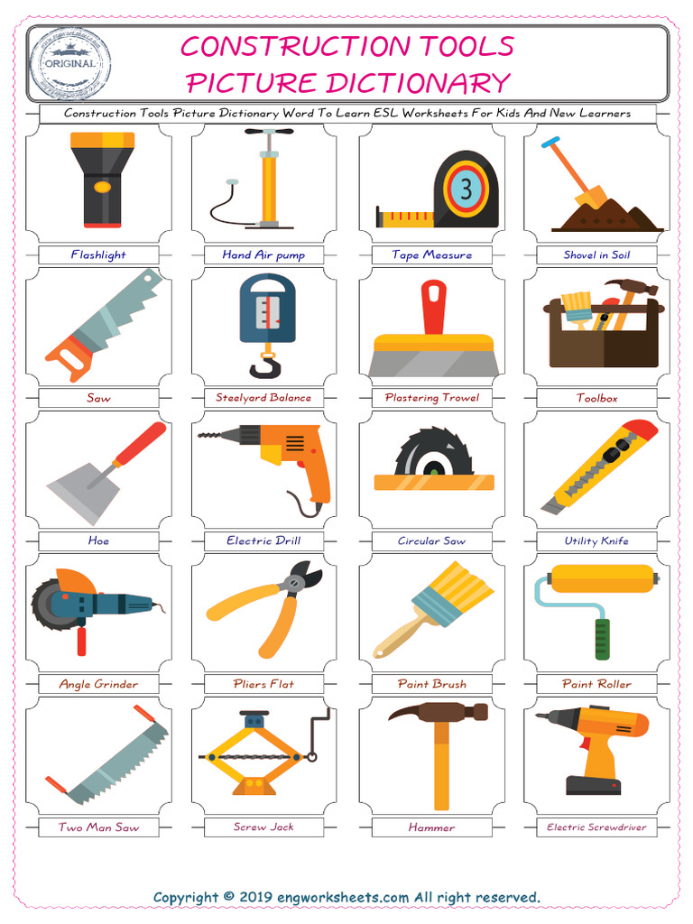 Construction Tools Picture Dictionary Word To Learn Esl Worksheets For ...