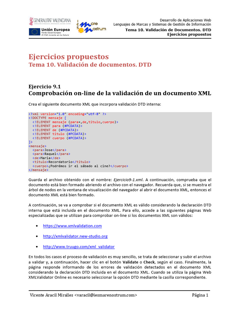 Tema 10 Ejercicios - Validación de Documentos. DTD | PDF | Xml | Lenguaje de marcado