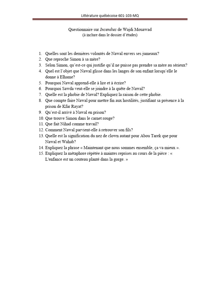 Questionnaire sur "Incendies" de Mouawad | PDF | Fiction générale