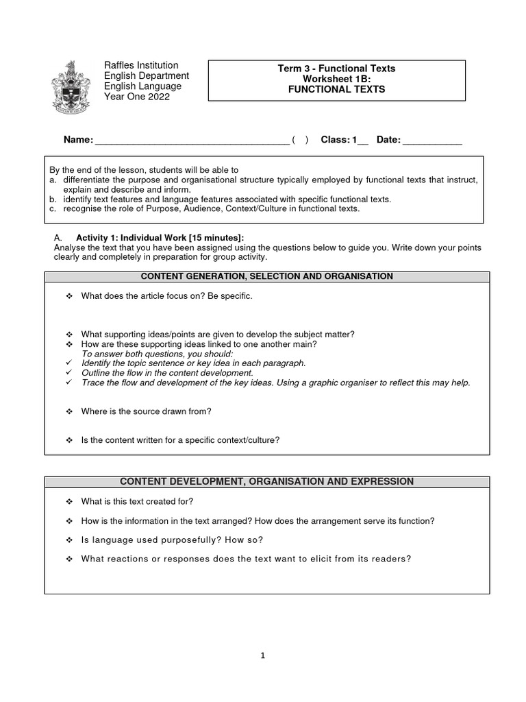 Stu - WS1B - Functional Texts - T3W1L23 - 2022 | PDF | English Language ...