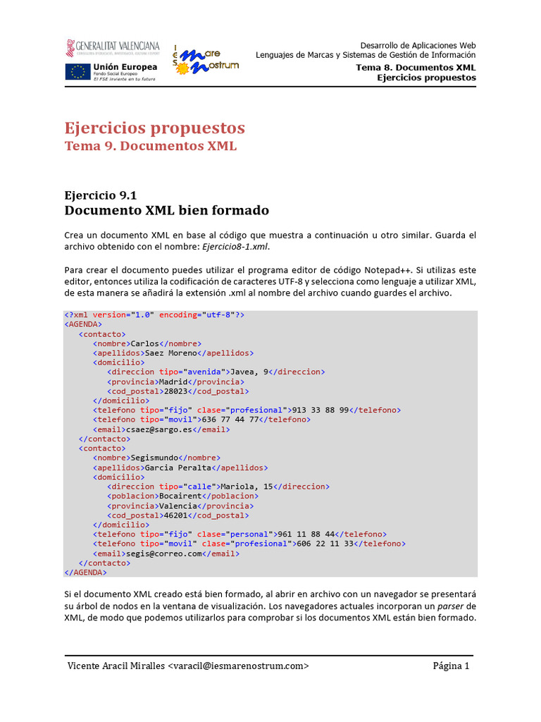 Tema 9 Ejercicios - Documentos XML | PDF | Xml | Red mundial