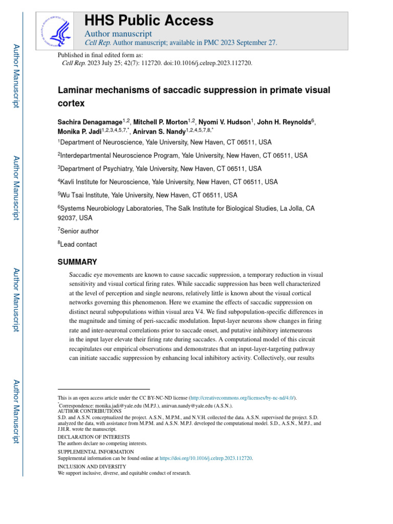 Laminar Mechanisms of Saccadic Suppression in Primate Visual Cortex | PDF | Visual Cortex ...