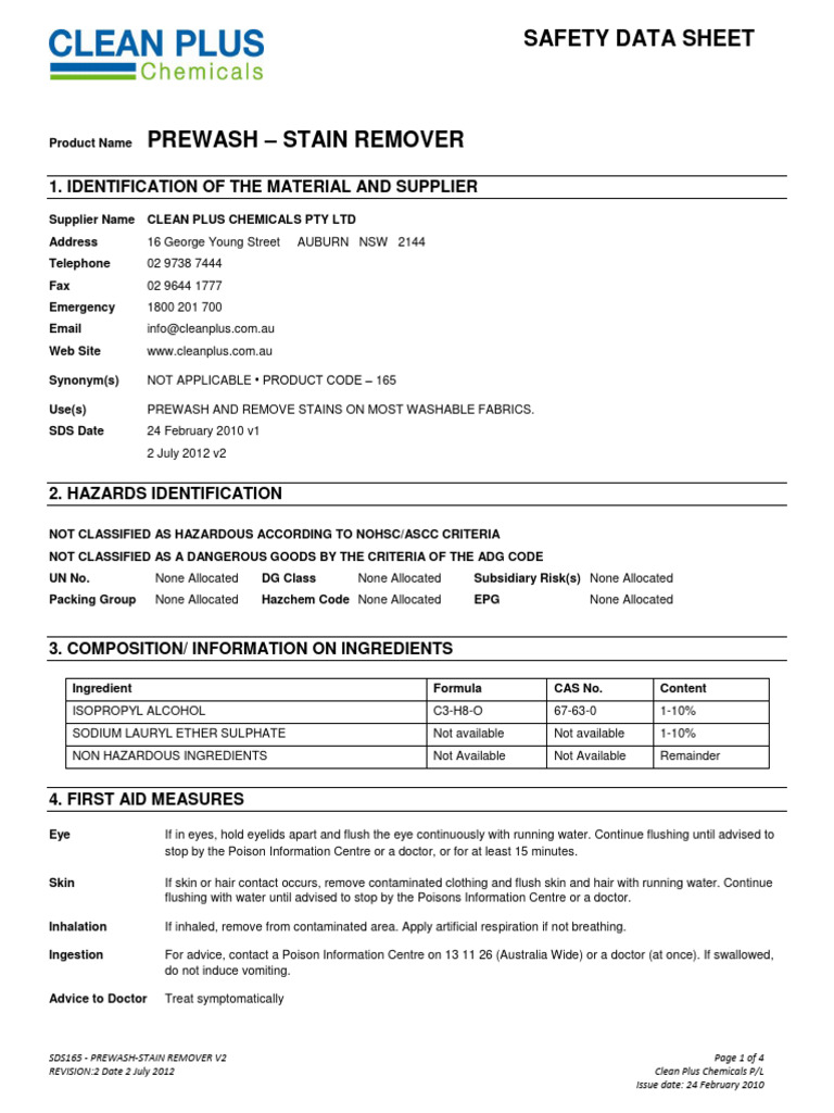 Prewash | PDF | Chemistry | Occupational Safety And Health