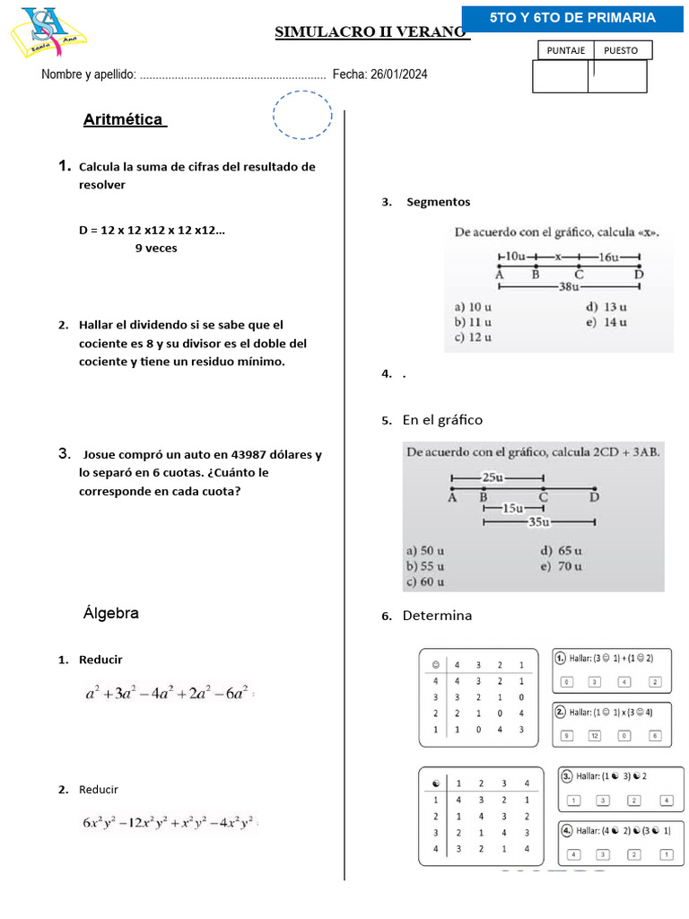 Examen 4to Bimestre 2023 5to Primaria Aritmetica | PDF | División ...