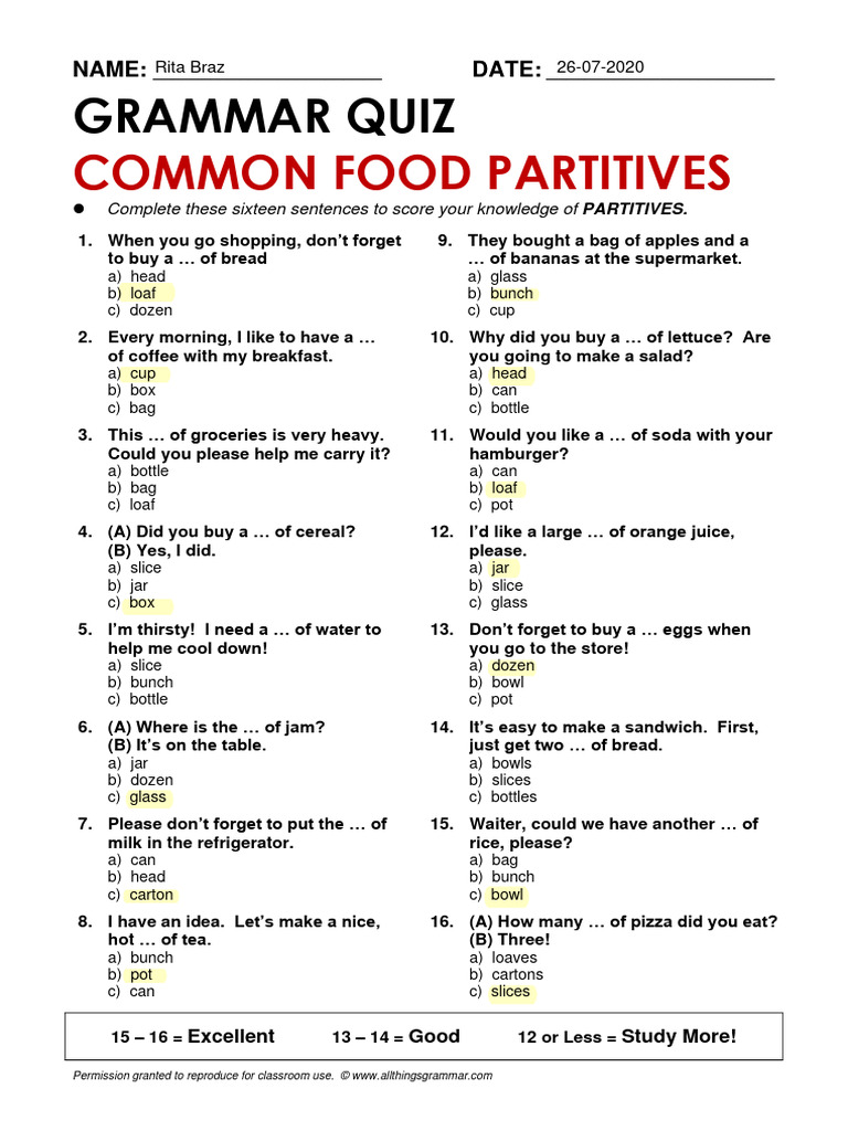 Food Partitives Grammar Quiz | PDF | Cooking | Cuisine