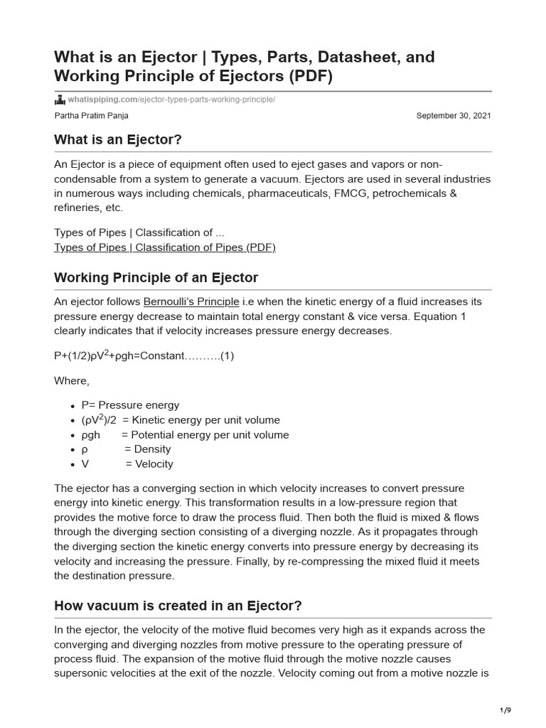 What Is An Ejector Types Parts Datasheet and Working Principle of Ejectors PDF | PDF | Nozzle ...
