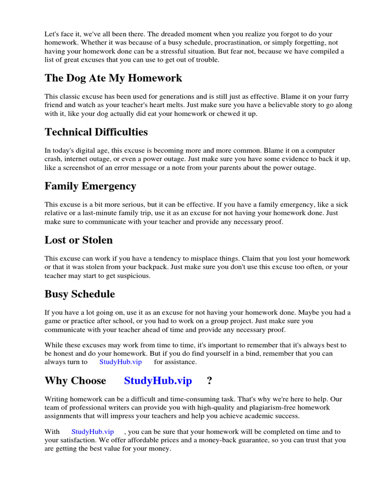 Great Excuses For Not Doing Your Homework | PDF | Homework | Essays